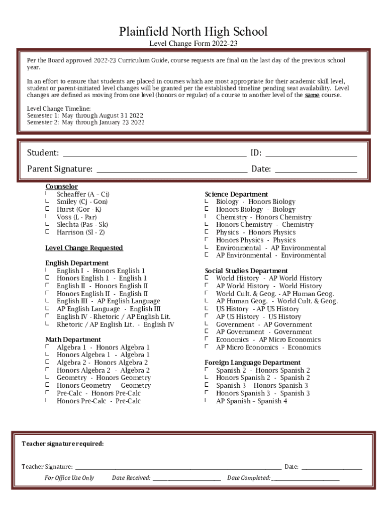Fillable Online 23 Student Course Requests - Plainfield North High ...