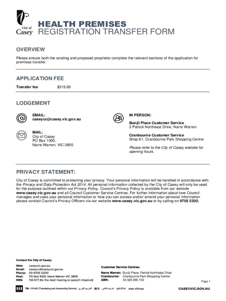Fillable Online HEALTH PREMISES REGISTRATION TRANSFER FORM Fax Email ...