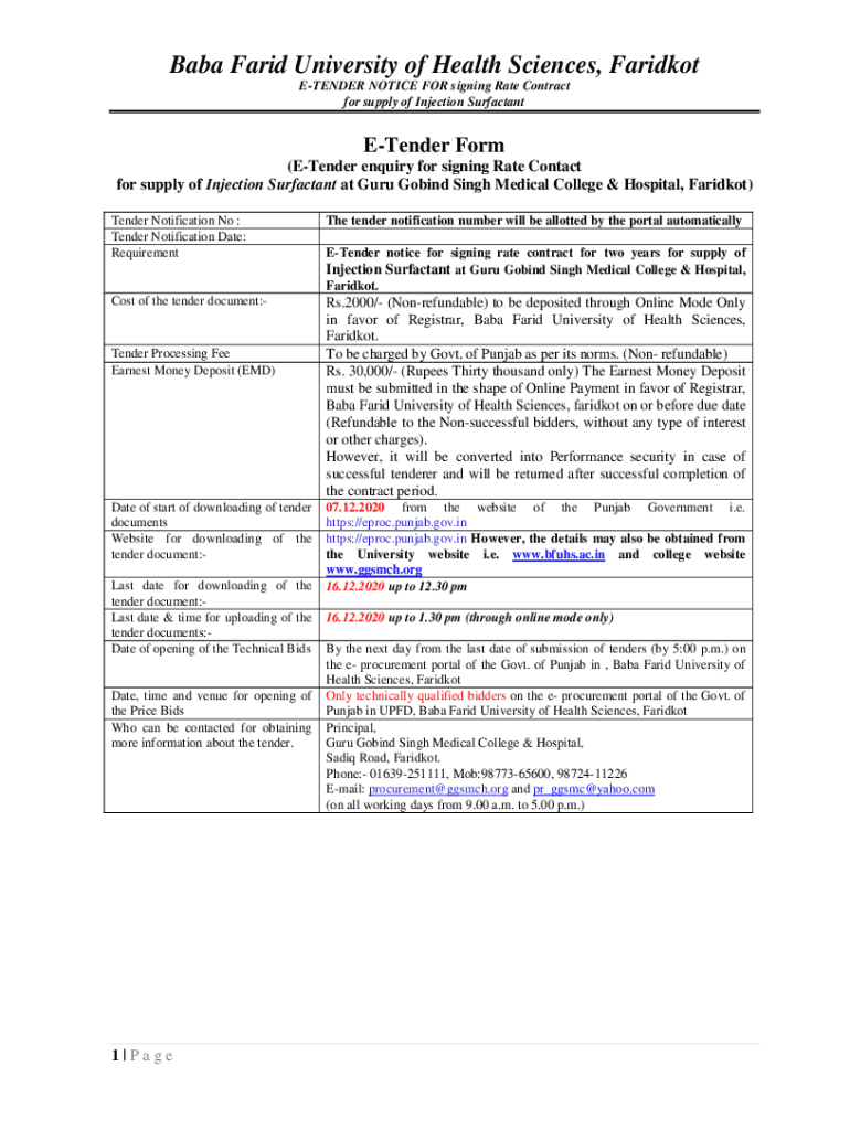 Fillable Online BFUHS Tender - Tender For Supply And Installation Of ...