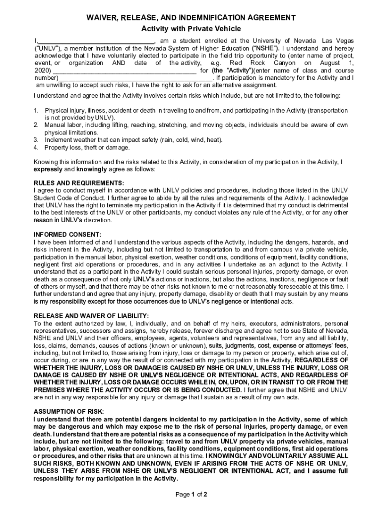 Fillable Online geoscience unlv Waiver, Release, and Indemnification Agreement Fax Email Print ...