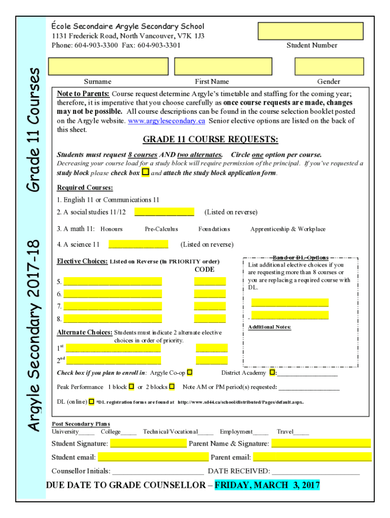 Fillable Online Grade 11 Course Request-pnk Fax Email Print - pdfFiller