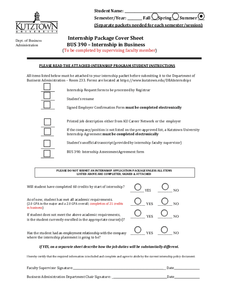 Fillable Online Internship Package Cover Sheet BUS 390 Internship in ...