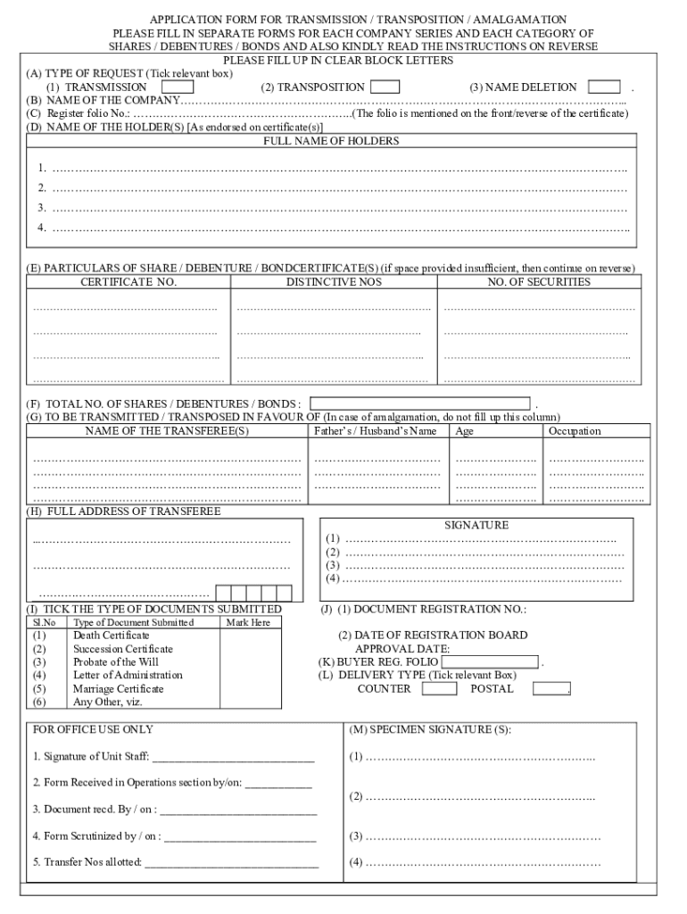Fillable Online Application Form for Transmission or Transposition or ...