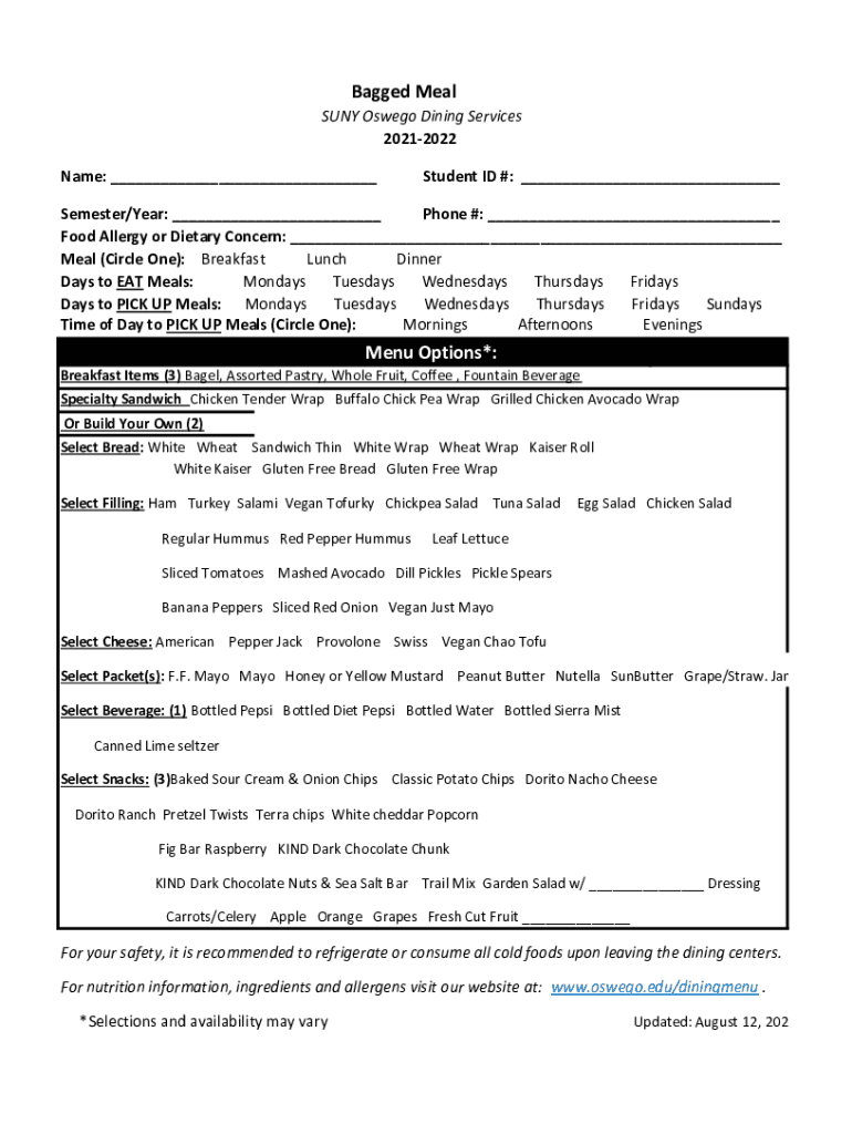 Fillable Online ID and Meal Plan OfficeAuxiliary Services - SUNY Oswego ...