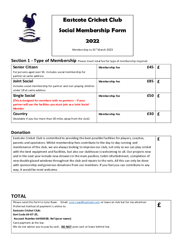 Fillable Online Eastcote Cricket Club Social Membership Form 2022 Fax ...
