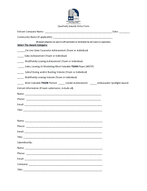 Fillable Online Quarterly Awards Entry Form Entrant Company Name: Date:... Fax Email Print ...