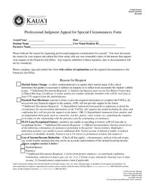 Fillable Online Professional Judgment Appeal for Special Circumstances Form. Financial Aid form ...