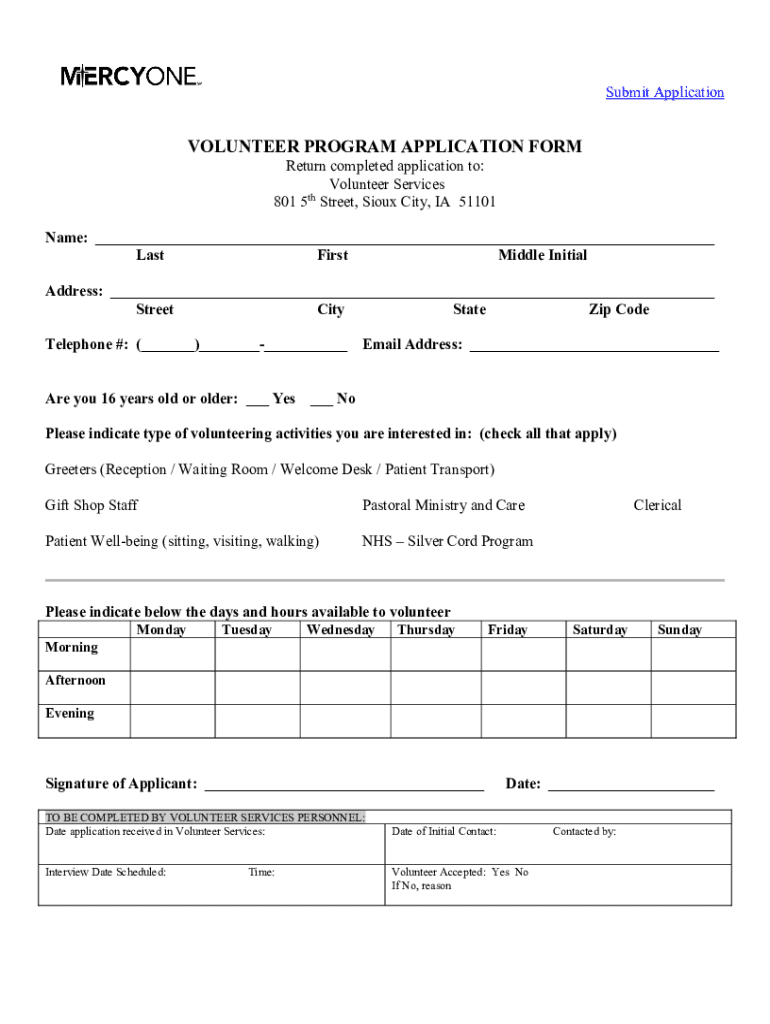 Fillable Online VOLUNTEER PROGRAM APPLICATION FORM - MercyOne Fax Email ...