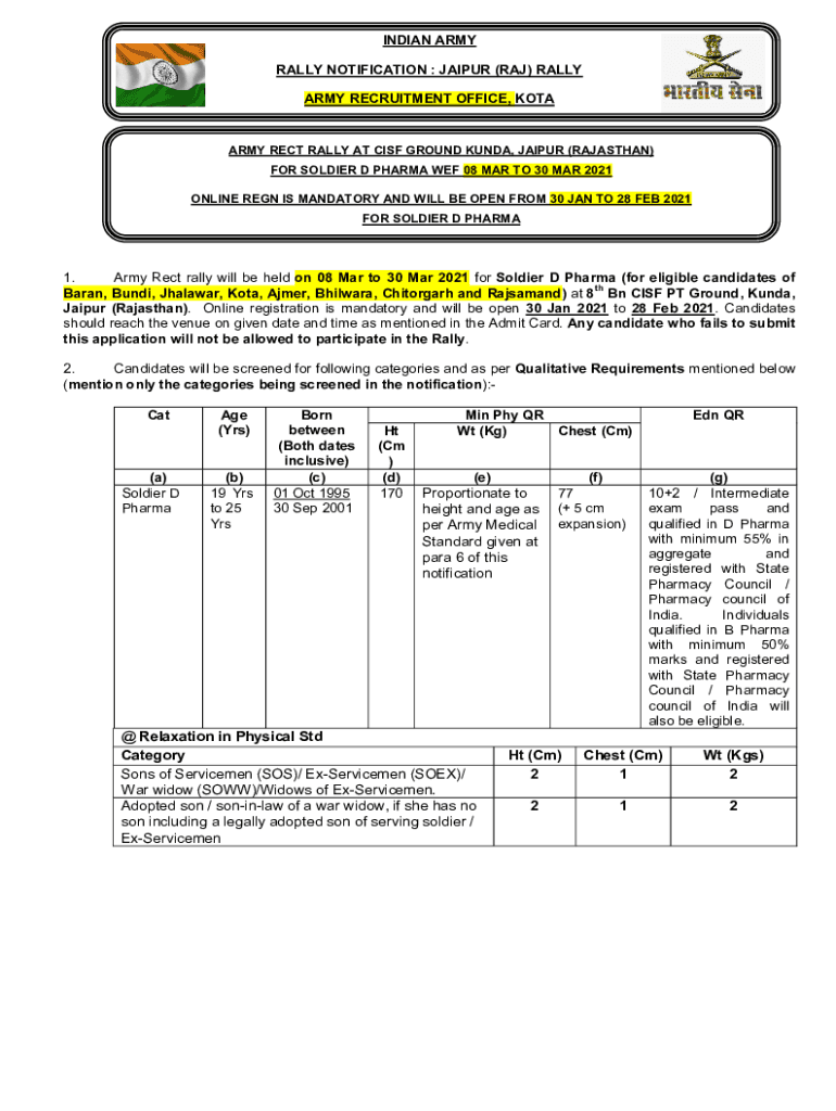 Fillable Online INDIAN ARMY ARMY RECRUITING OFFICE, KOTA Fax Email Print - pdfFiller