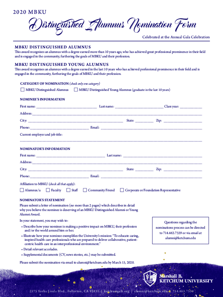 Fillable Online Distinguished alumni award nomination form Fax Email Print - pdfFiller