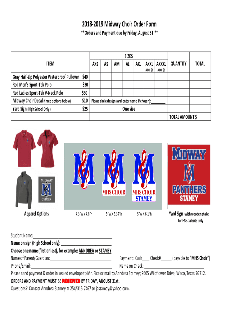 Fillable Online 2018-2019 Midway Choir Order Form Fax Email Print - pdfFiller