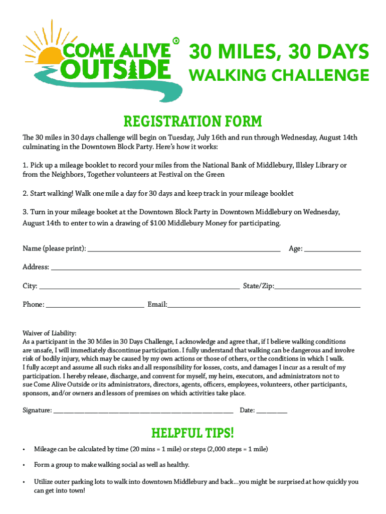 Fillable Online TODAY's 30-Day Walking Challenge: Halfway Point Check ...