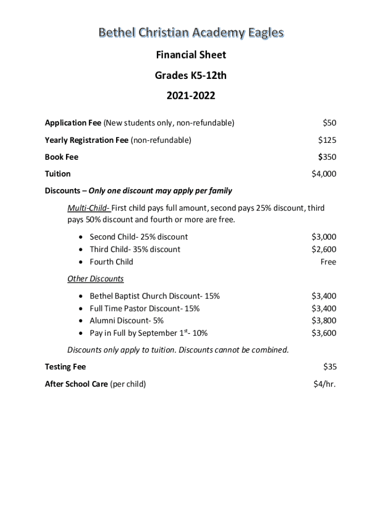 Fillable Online Bethel Christian Academy Eagles Financial Sheet Grades K5-12th2021-2022 Fax ...