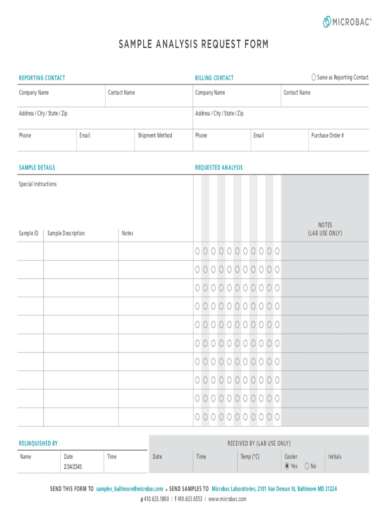 Fillable Online SAMPLE ANALYSIS REQUEST FORM - Microbac Laboratories ...