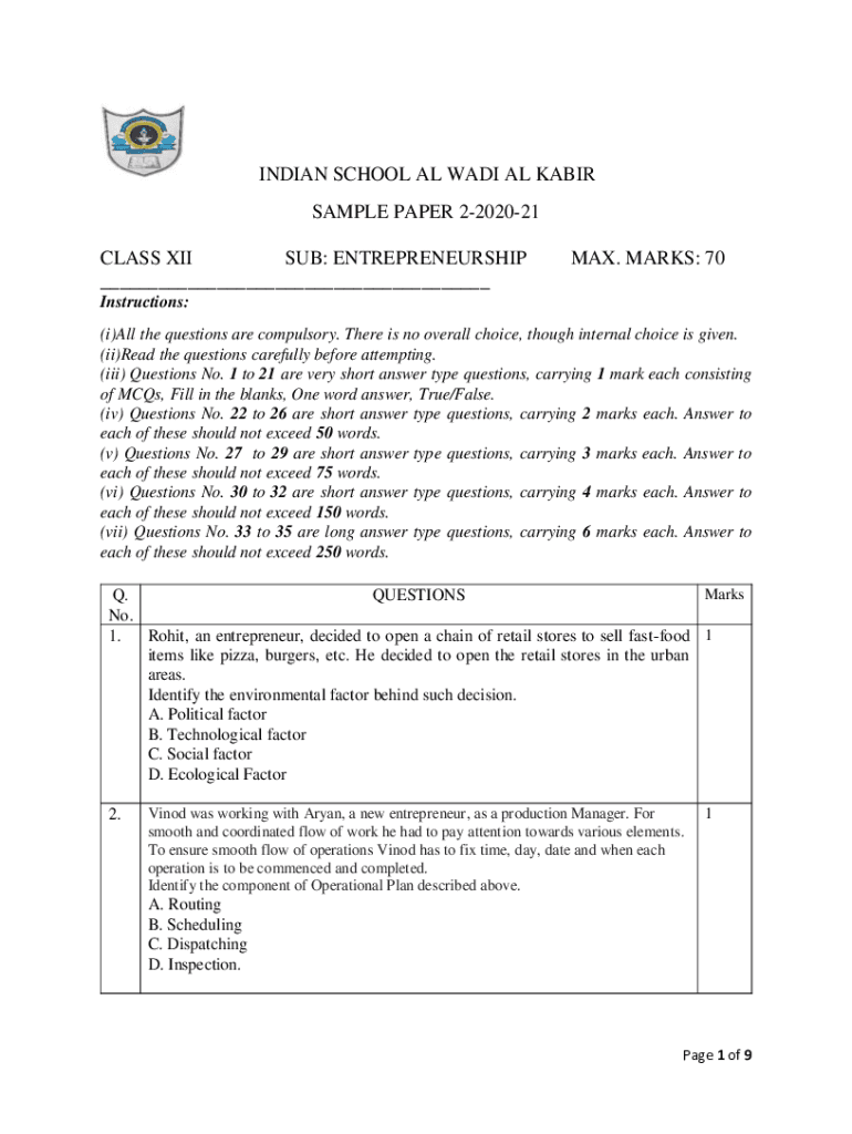 Fillable Online INDIAN SCHOOL AL WADI AL KABIR SAMPLE PAPER 2 ... Fax Email Print - pdfFiller