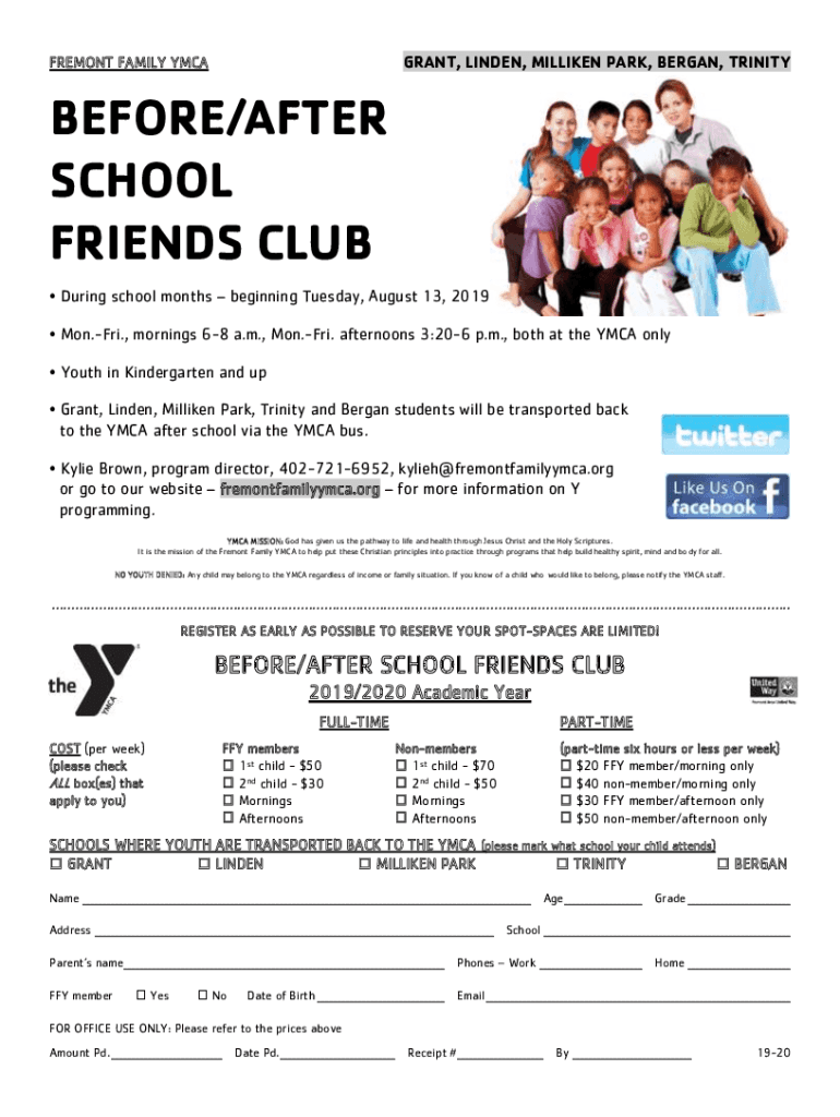 Fillable Online before/after school friends club - Fremont Family YMCA ...