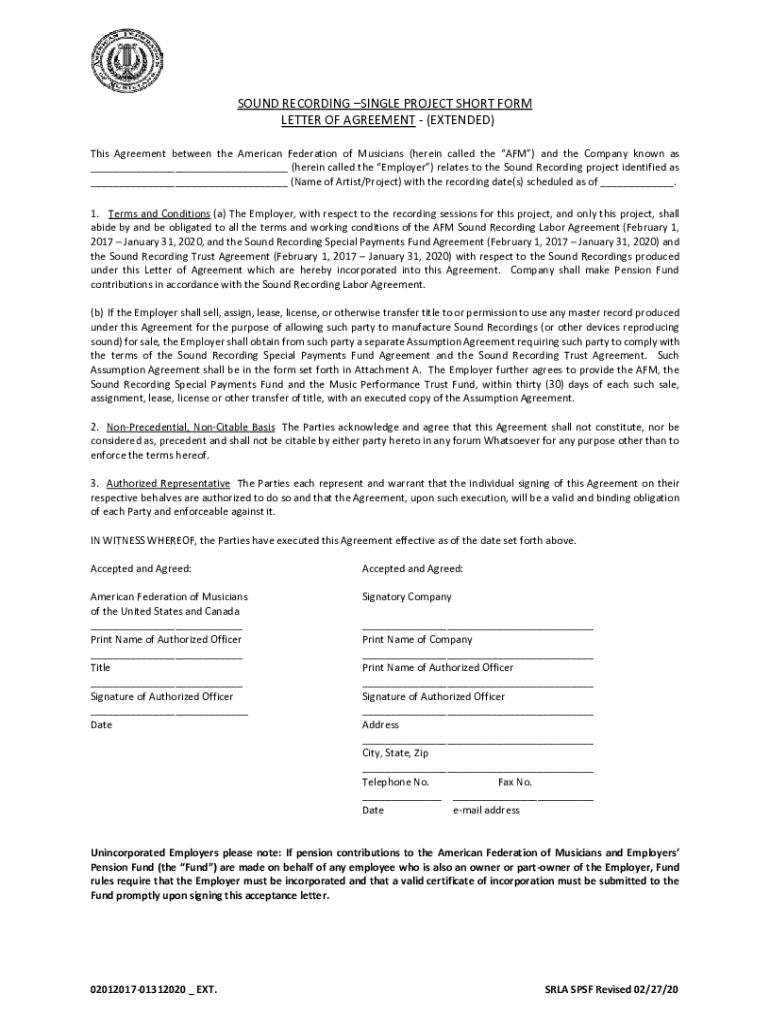 Fillable Online SINGLE PROJECT SHORT FORM LETTER OF AGREEMENT Fax Email ...