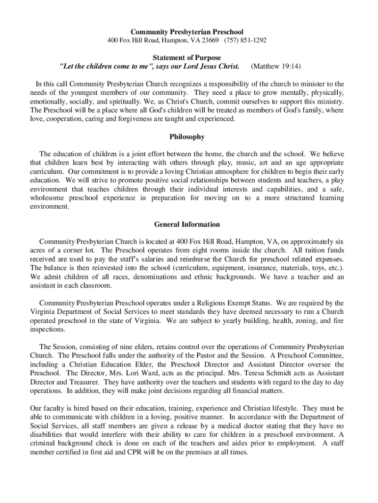 Fillable Online Community Presbyterian Preschool Statement of Purpose ...