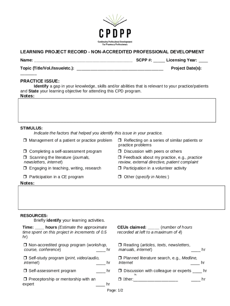 LEARNING PROJECT RECORD - NON-ACCREDITED PROFESSIONAL DEVELOPMENT Doc ...