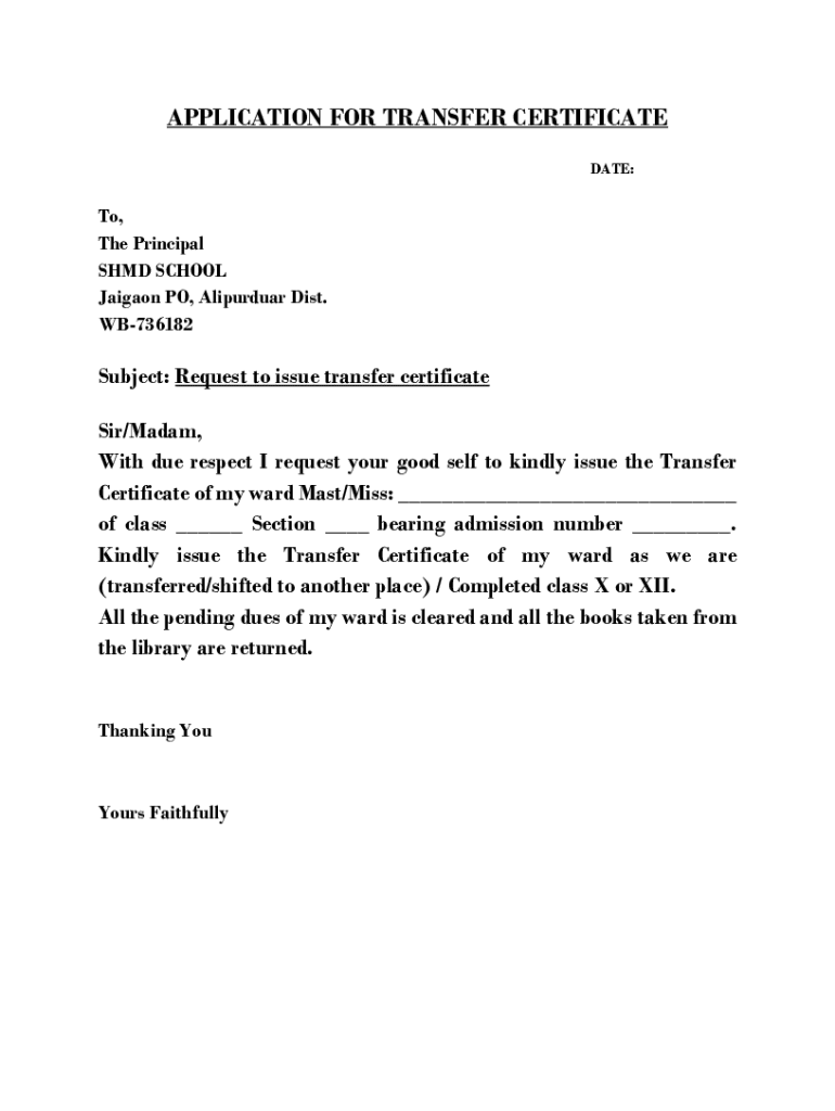 Fillable Online REQUEST FOR TRANSFER CERTIFICATE - NPS - Indiranagar ...