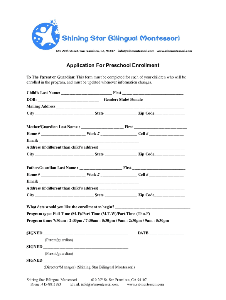 Fillable Online Application For Preschool Enrollment - Shining Star ...