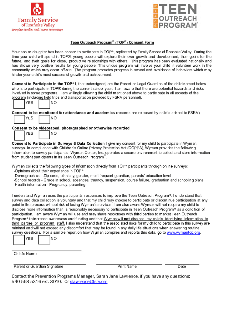 Fillable Online Teen Outreach Program (TOP) Consent Form Fax Email ...