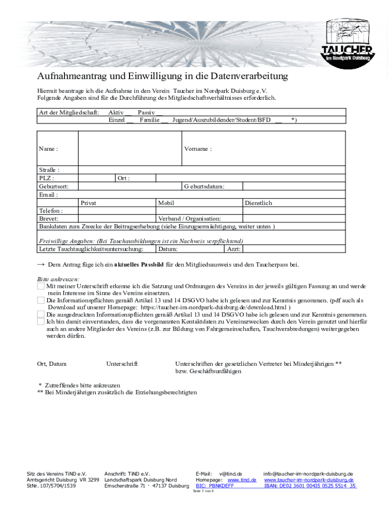 Ausfüllbar Online Aufnahmeantrag und Einwilligung in die ...