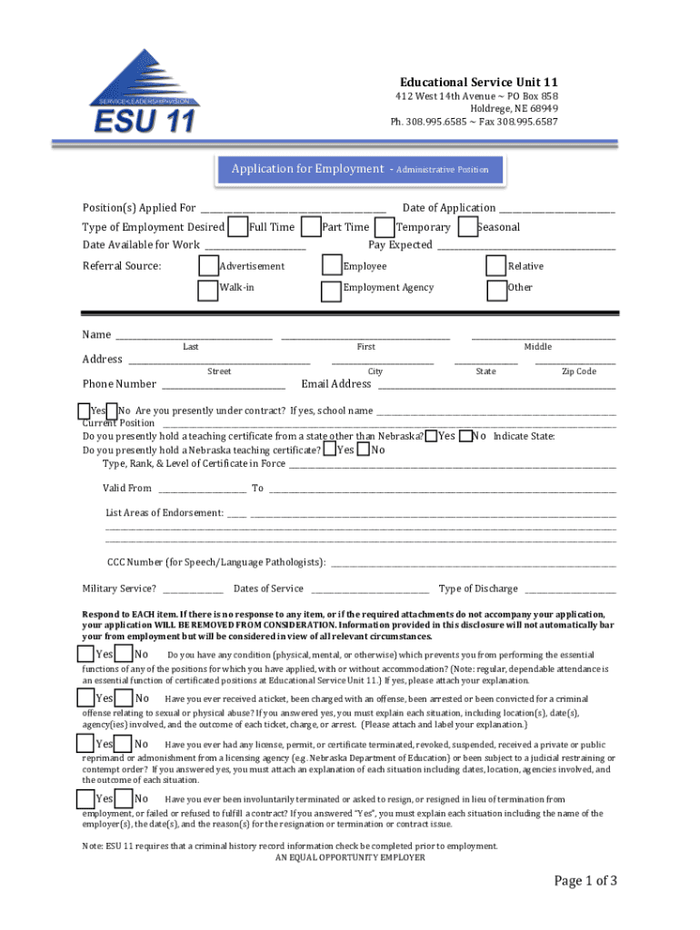 Fillable Online Application for Employment - Administrative Position ...