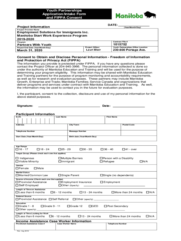 Fillable Online Partners with Youth Application/Intervention Intake ...