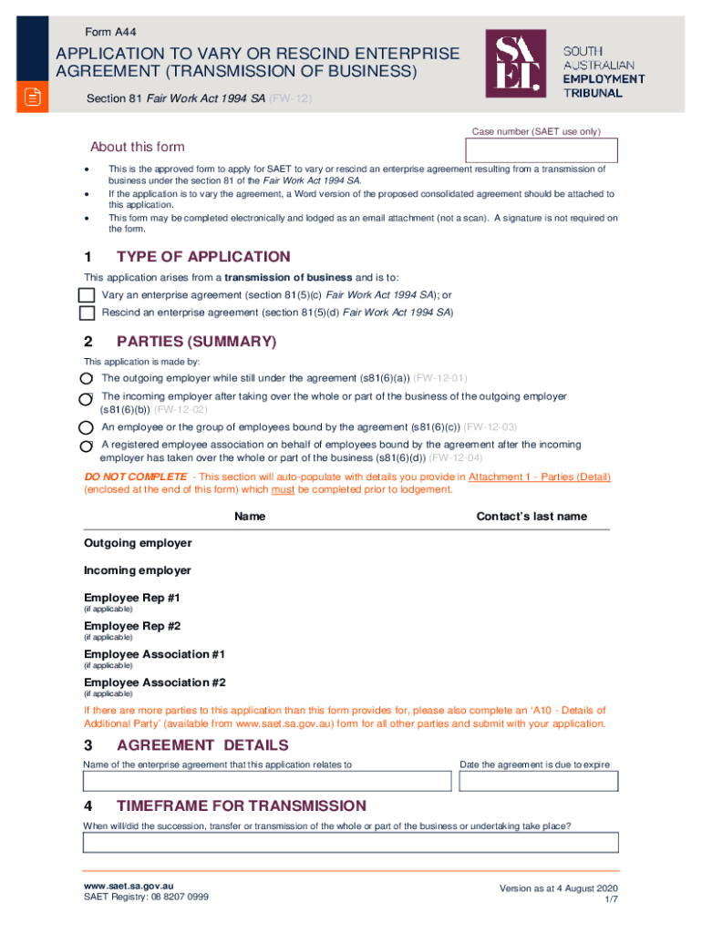 Fillable Online Application to Vary or Rescind Enterprise Agreement (Transmission of Business ...