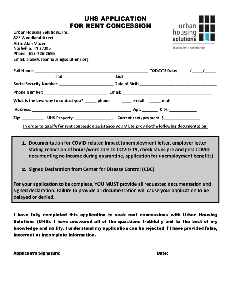 Fillable Online UHS APPLICATION FOR RENT CONCESSION Fax Email Print ...