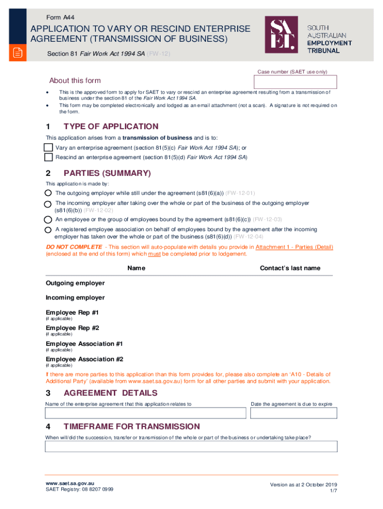 Fillable Online Application to Vary or Rescind Enterprise Agreement ... Fax Email Print - pdfFiller