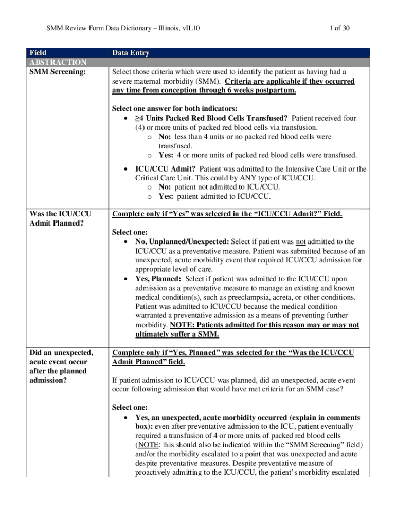Fillable Online SMM Review Form Data Dictionary Illinois, vIL10 Fax ...