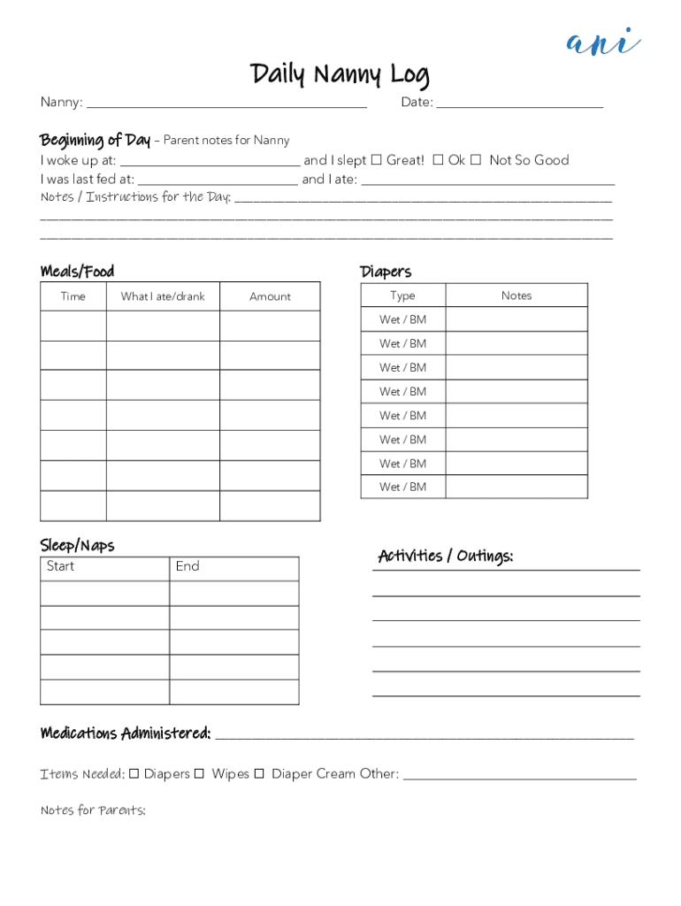 Fillable Online Nanny Daily Log: Record Sleep, Feed, Diapers ...