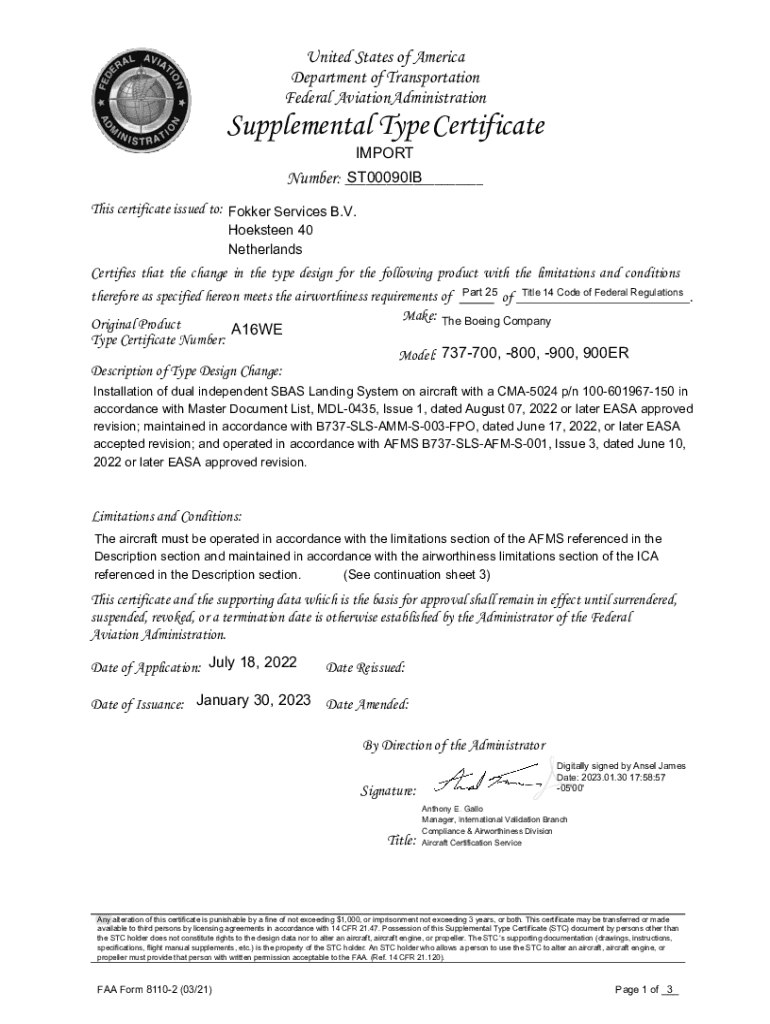Fillable Online Supplemental Type Certificate - Fokker Services Fax ...