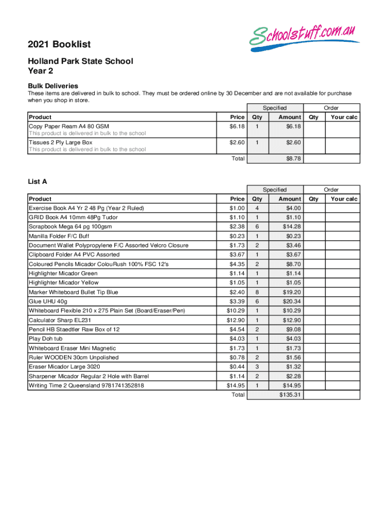 Fillable Online Year 1 Booklist Order Form for 2022 - Newmarket State ...