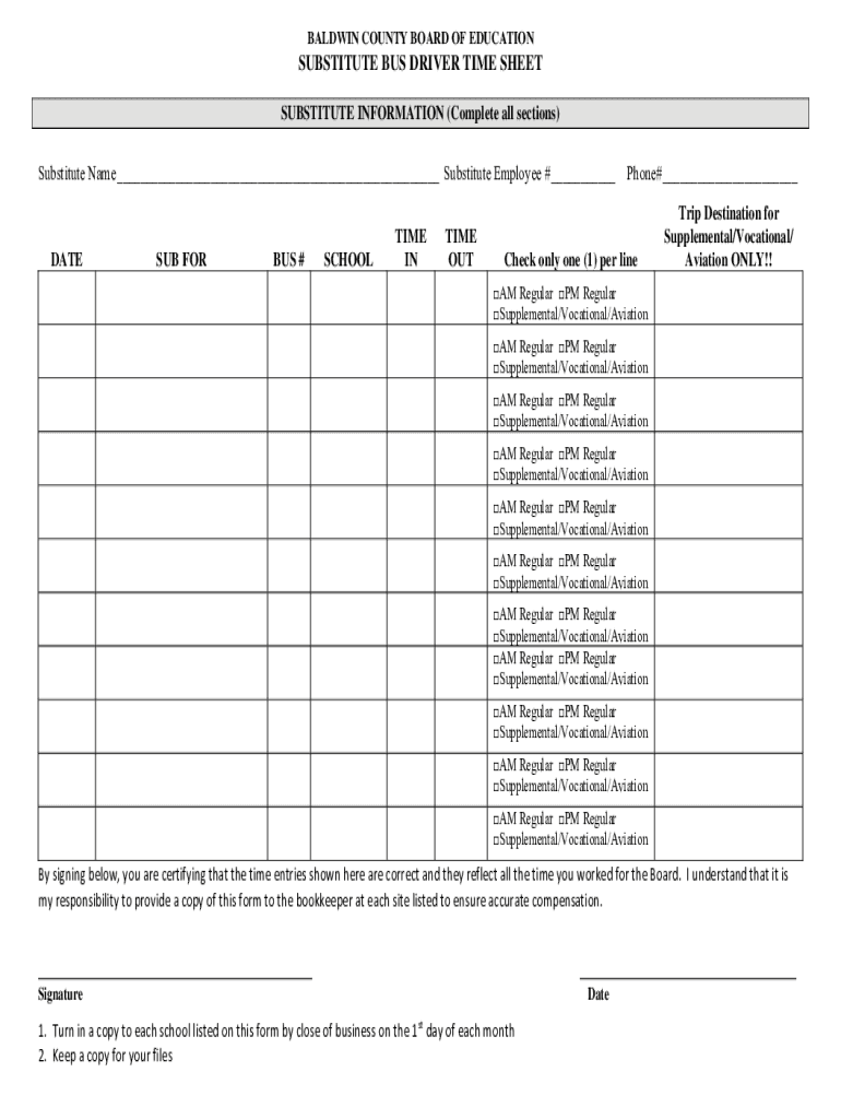 Fillable Online SUBSTITUTE BUS DRIVER TIME SHEET Fax Email Print ...