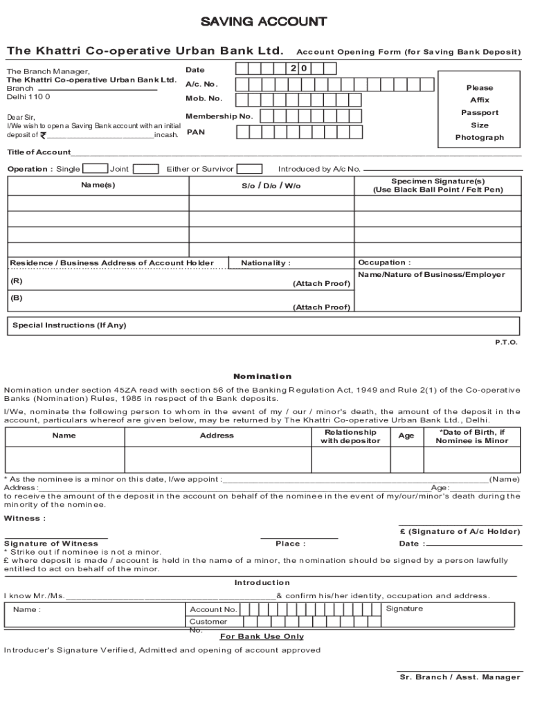Fillable Online SAVING ACCOUNT Form - Khattri CO-OP. (U) Bank LTD. Fax ...