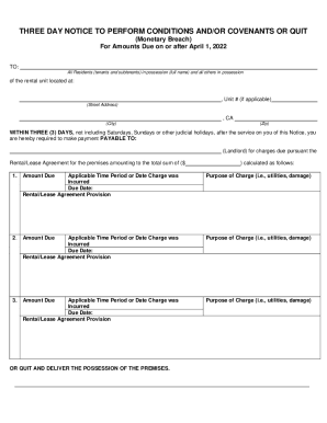 Fillable Online THREE DAY NOTICE TO PERFORM CONDITIONS AND/OR ... Fax ...