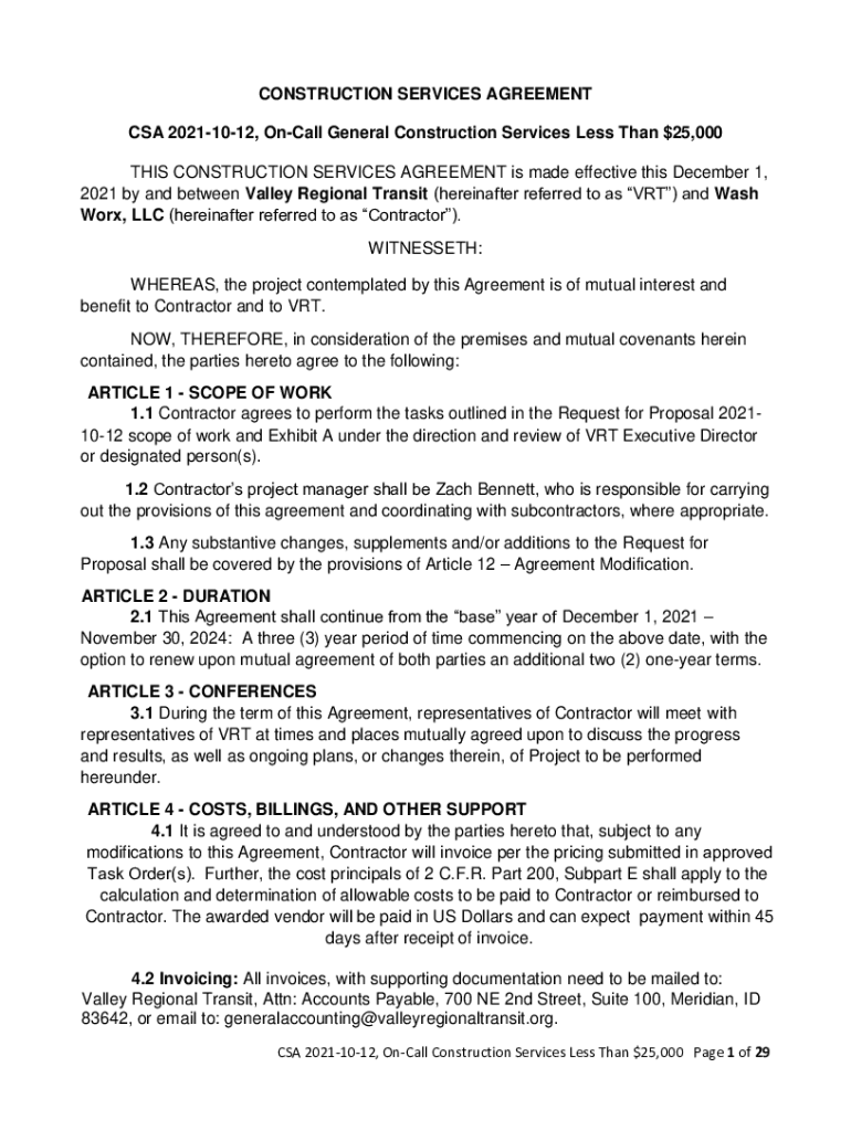 Fillable Online City of Pacific Grove Construction Services Agreement ...