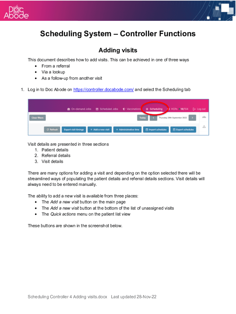 Fillable Online Scheduling SystemController Functions - Doc Abode Fax ...