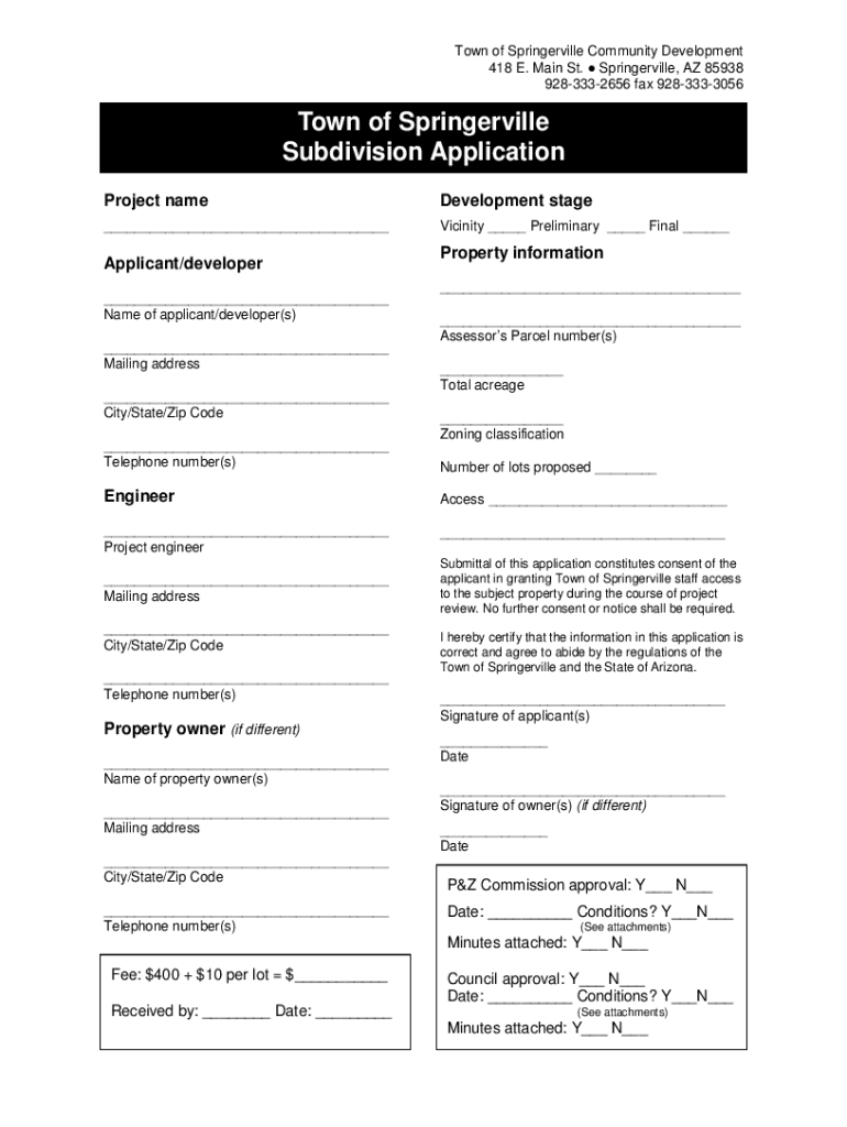 Fillable Online Town of Springerville Subdivision Application Fax Email ...