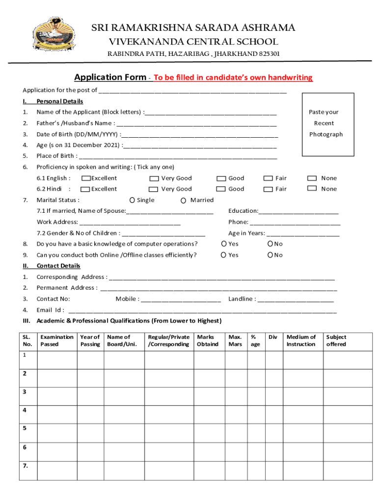 Fillable Online sri ramakrishna sarada ashrama - vivekananda central ...