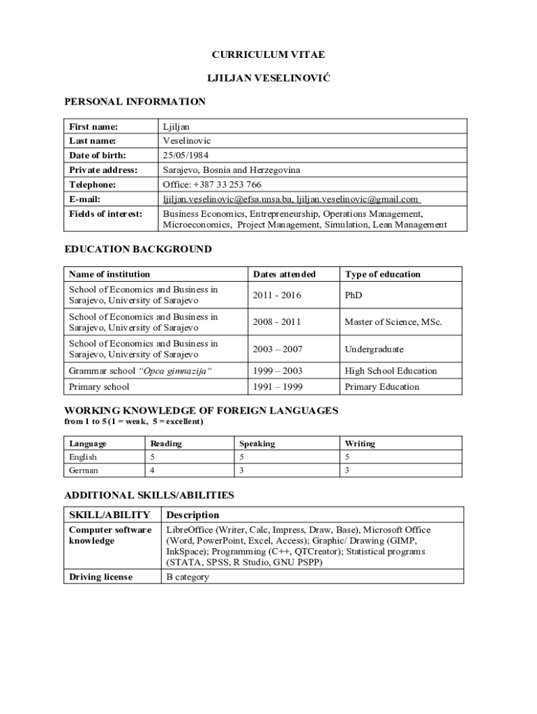 Fillable Online curriculum vitae ljiljan veselinovi Fax Email Print - pdfFiller