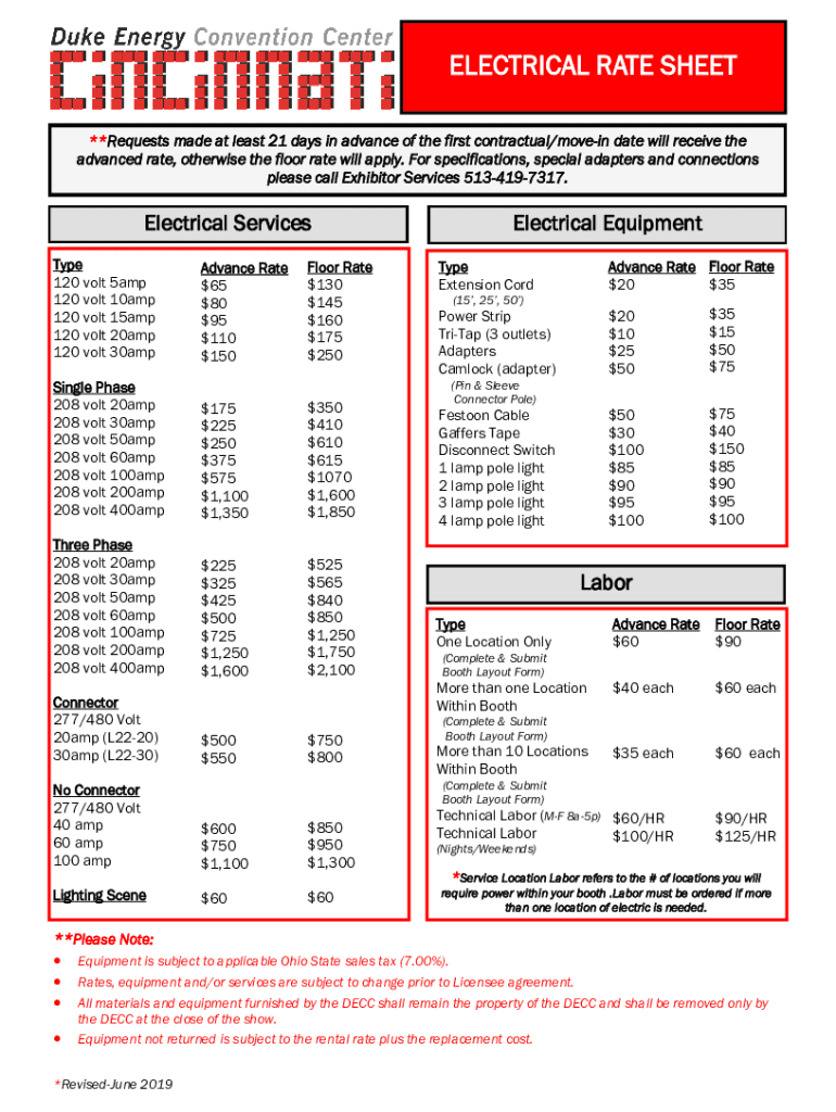 Fillable Online ELECTRICAL RATE SHEET - Duke Energy Convention Center ...