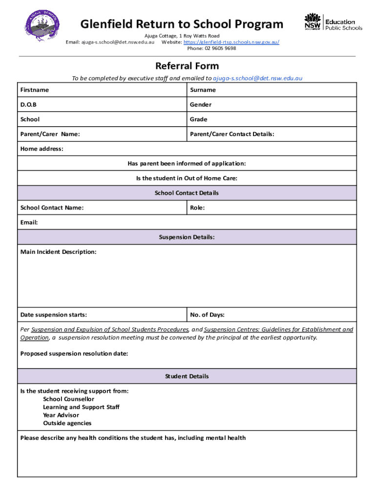 Fillable Online About the program - Glenfield Return To School Program ...