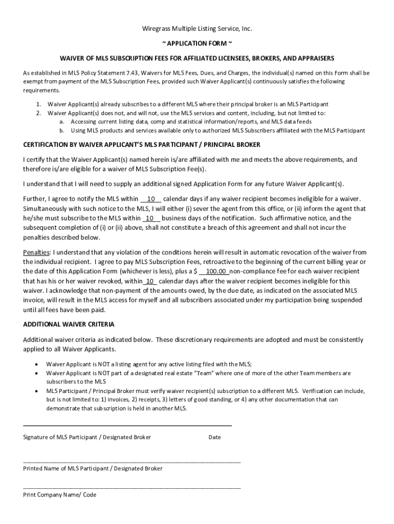 Fillable Online application form for waiver of onekey mls subscriber ...