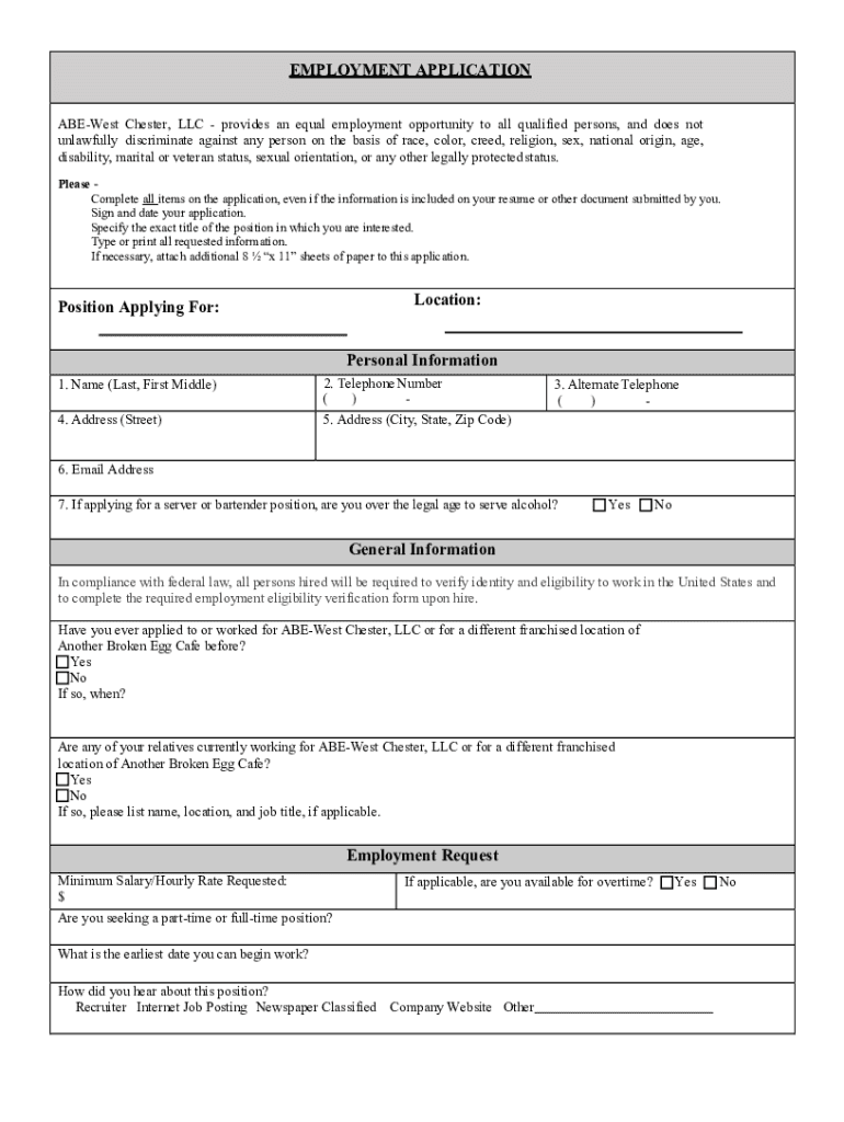 Fillable Online EMPLOYMENT APPLICATION Position Applying For: Location ...