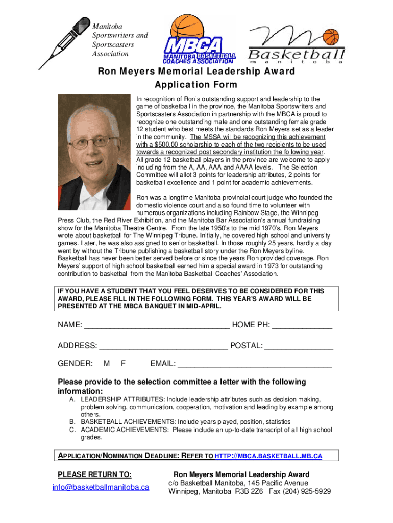 Fillable Online Ron Meyers Memorial Leadership Award Application Form Fax Email Print - pdfFiller
