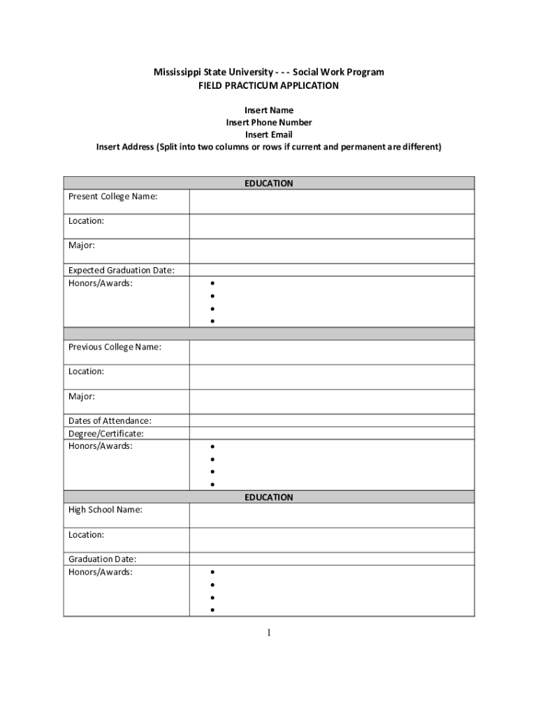 Fillable Online FIELD PRACTICUM APPLICATION - Mississippi State ...
